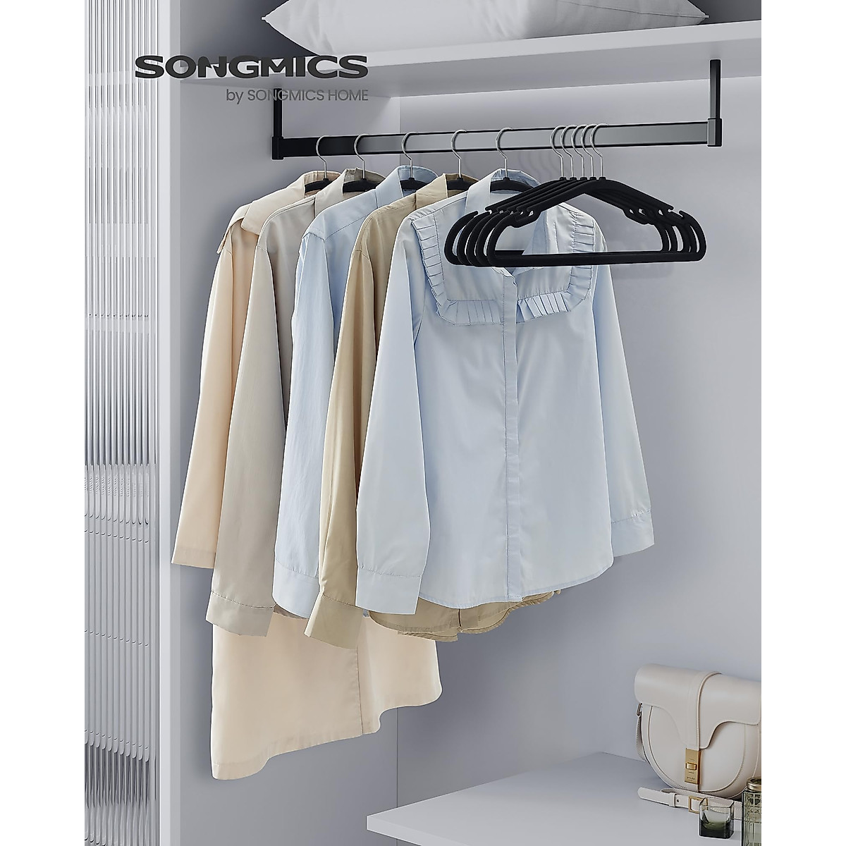 SONGMICS Velvet Hangers 50 Pack, Non-Slip Clothes Hangers, 17 x 8.3 Inches, Coat Hangers with Wide Shoulder Notches, Pants Bar, 360° Swivel Hook, Space-Saving, for Closet, Ink Black UCRF039B03