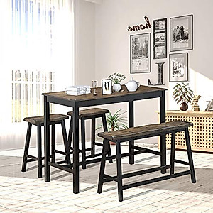 COSTWAY 4-Piece Solid Wood Dining Table Set, Counter Height Dining Furniture with One Bench and Two Saddle Stools, Industrial Style, Ideal for Home, Kitchen, Living Room (Gray & Brown)