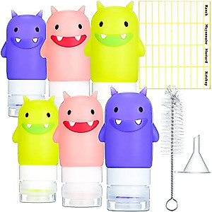 Meanplan 9 Pcs 6 Silicone Condiment Squeeze Bottles Squeeze Salad Dressing Bottles Portable Sauce Bottle Leak Proof Food Storage Bottles with Cleaning Brush Label Sticker Funnels for Lunch (Devil)