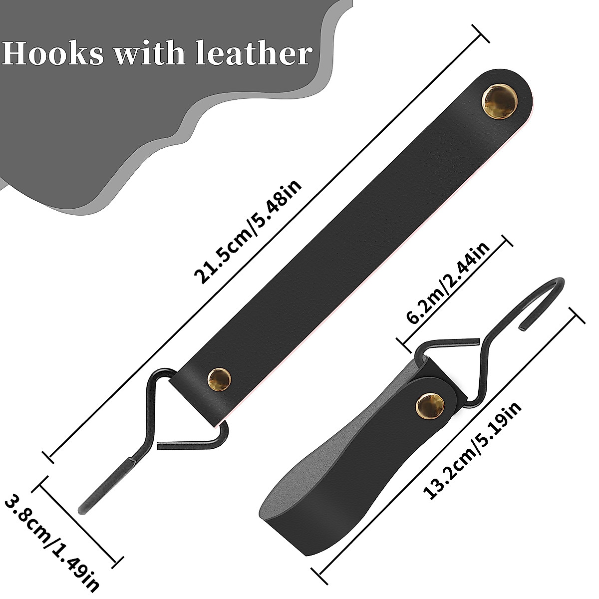 ANJUU 4Pcs PU Leather Hooks, Leather Straps with Hooks Leather S Hooks S Shaped Hooks Bag Hook Metal S Shaped Hooks for Hanging Outdoor Camping Equipment, Clothes, Tools, Keys(Black)