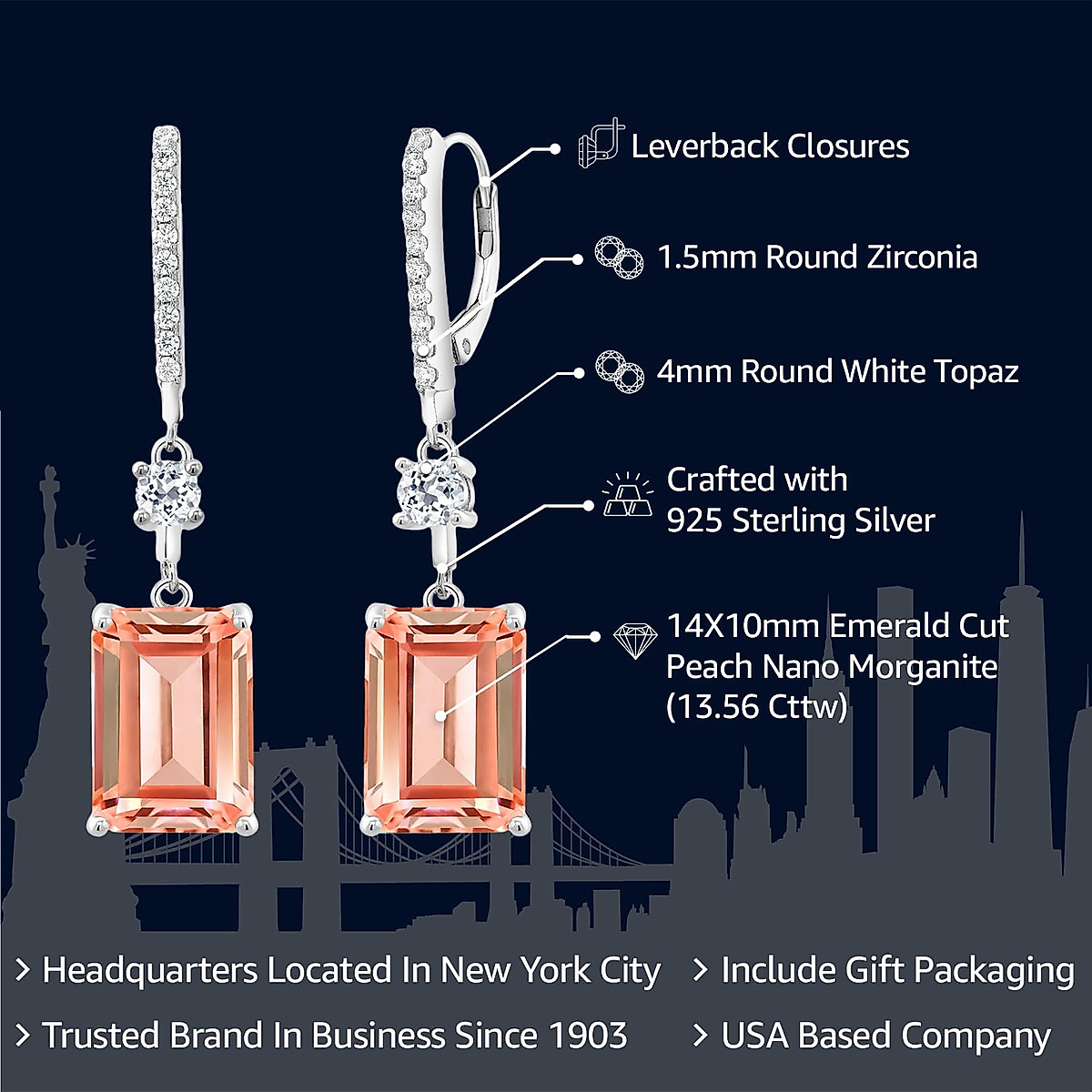 Gem Stone King 925 Sterling Silver Peach Nano Morganite and White Topaz Dangle Earrings For Women (13.56 Cttw, Emerald Cut 14X10MM)