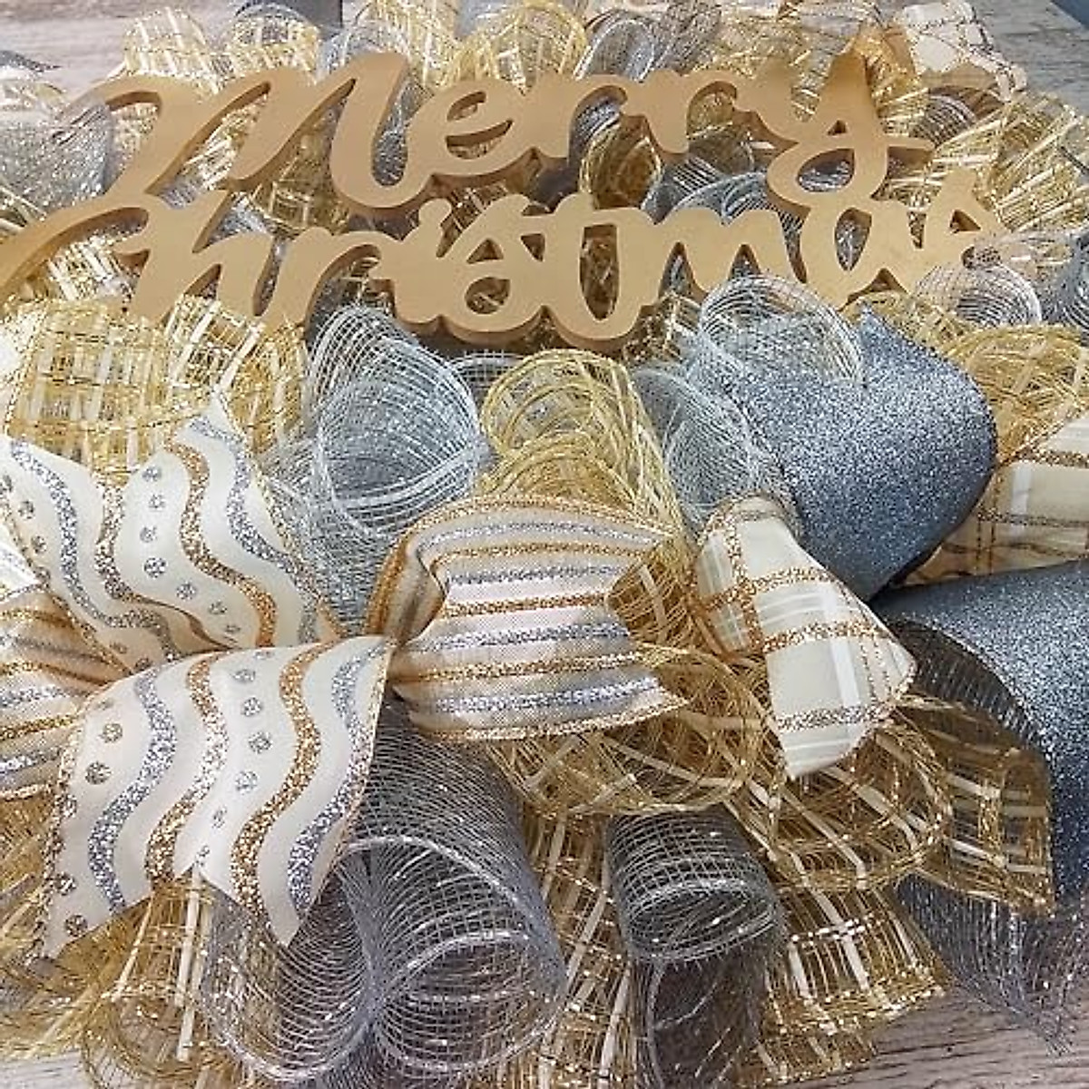 Silver Gold Ivory Christmas Wreath - Traditional Mesh Holiday Door Decor - Gold Ivory Cream TB7