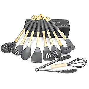 RANIT 10 pieces of silicone kitchenware Set,Wooden handle Non-stick pot cooking tool set,Kitchen Utensils Household Cooking Spoon Shovel Kitchenware Set (Gray)
