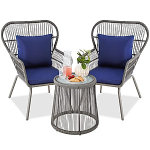 Best Choice Products 3-Piece Patio Conversation Bistro Set, Outdoor All-Weather Wicker Furniture for Porch, Backyard w/ 2 Wide Ergonomic Chairs, Cushions, Glass Top Side Table - Gray/Navy