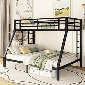 Bellemave Twin XL Over Queen Metal Bunk Bed for Kids,Heavy-Duty Bunk Bed with 2 Ladders,Space-Saving Bunk Bed for Teens/Adults,Noise-Free,Black