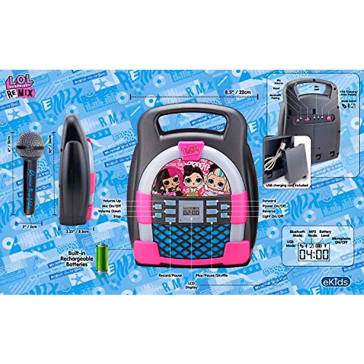 LOL Surprise! Remix OMG Bluetooth Karaoke Machine MP3 Player Portable with LED Disco Light Show, Store Hours of Music with Built in Memory, Record, Real Working Microphone, USB Port