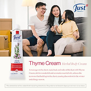 SwissJust Thyme Cream, Thyme Tomillo Cream 60ml. Massage Cream with Camphor Oil, Lemon Eucalyptus Chamomile Essential Oil, Rosemary Oil, Soybean Oil, and Pine Essential Oils.