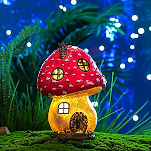 TERESA'S COLLECTIONS Mushroom Garden Statues Pink Fairy House Solar Light for Home and Outdoor Decor,Resin Garden Miniature Yard Art for Patio Deck Porch Decorations, 7.5 inch