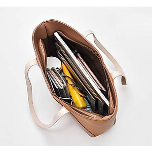 Women Handbag Genuine Leather Satchel Purse Handbag Vintage Top Handle Handbag Work Tote Bag (Khaki&Brown)