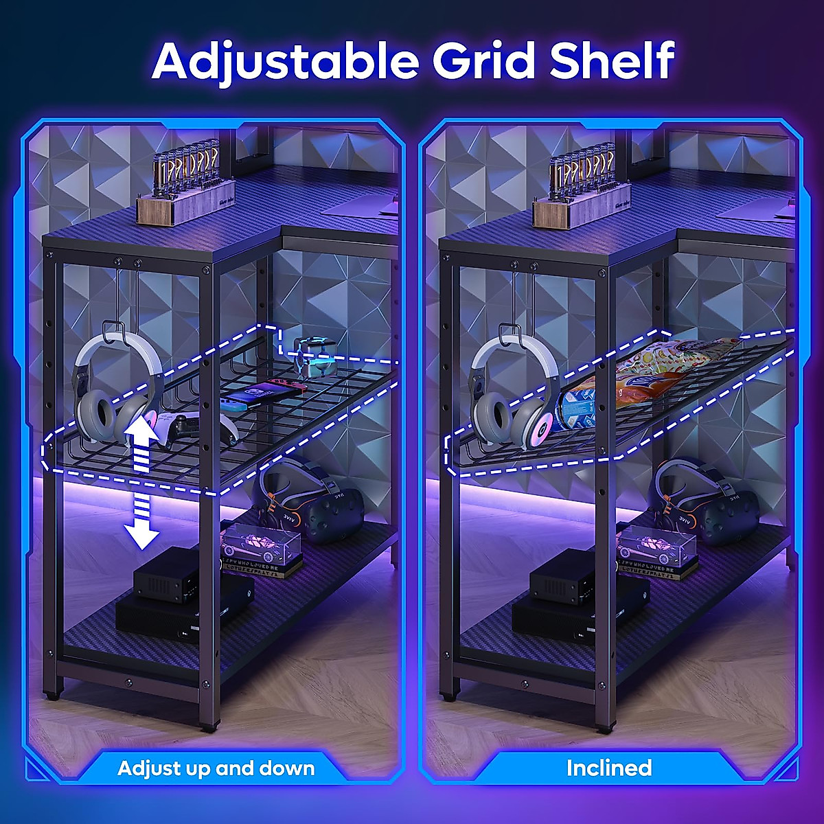 Bestier LED Gaming Desk with Hutch, 71.5 inch L Shaped Computer Desk with Power Outlets, Large Corner Desk Home Office Desk with Monitor Stand and Storage Shelf, Carbon Fiber Black