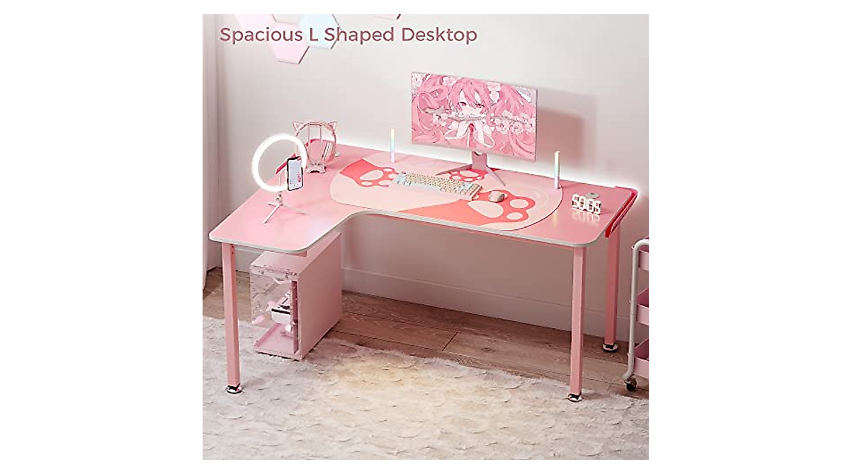 DESIGNA Pink L-Shaped Gaming Desk for Girls - 60 Inch