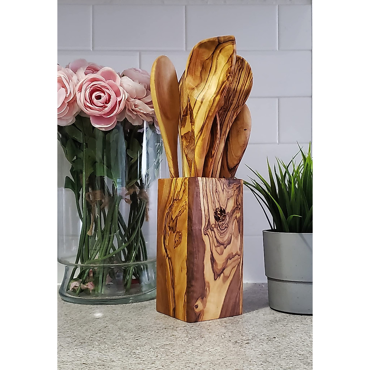 OLIVIKO Handmade Olive Wood Holder+ Utensils Kit of 5 Utensils Holder+ 2 Spatula + 3 Spoon 100% Olive Wood