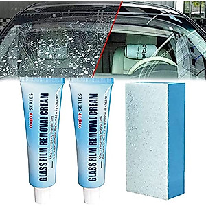 2Pack Glass Film Removal Cream,Car Glass Oil Film Cleaner, Car Windshield Oil Film Cleaner, Glass Stripper Water Spot Remover with Sponge and Towel for Car & Home Bathroom Glass