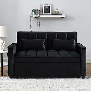 SumKea Convertible Sofa Bed, Pull Out Couch Loveseat 3-in-1 Multi-Functional Velvet Pull-Out Bed, 55'' Loveseat Chaise Lounge with Adjustable Backrest and Pillows, Black