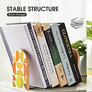 2 Pack Wood Bookends,Modern Mid Century Geometric Pattern Decorative Book Ends Support for Shelves Desktop Organizer Wooden Bookshelf for Home School Office