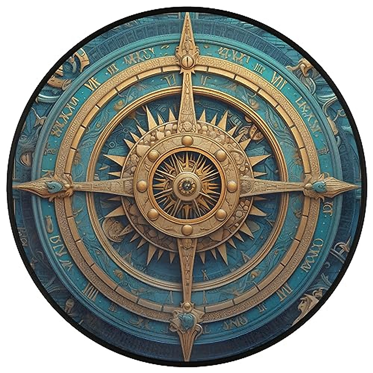 Blue Compass Rose Round Rug 5ft, Round Area Rug Ocean Nautical Non-Slip Circle Rug Indoor Floor Mat Carpet for Bedroom Living Room Kitchen Decor, 5' x 5' Round