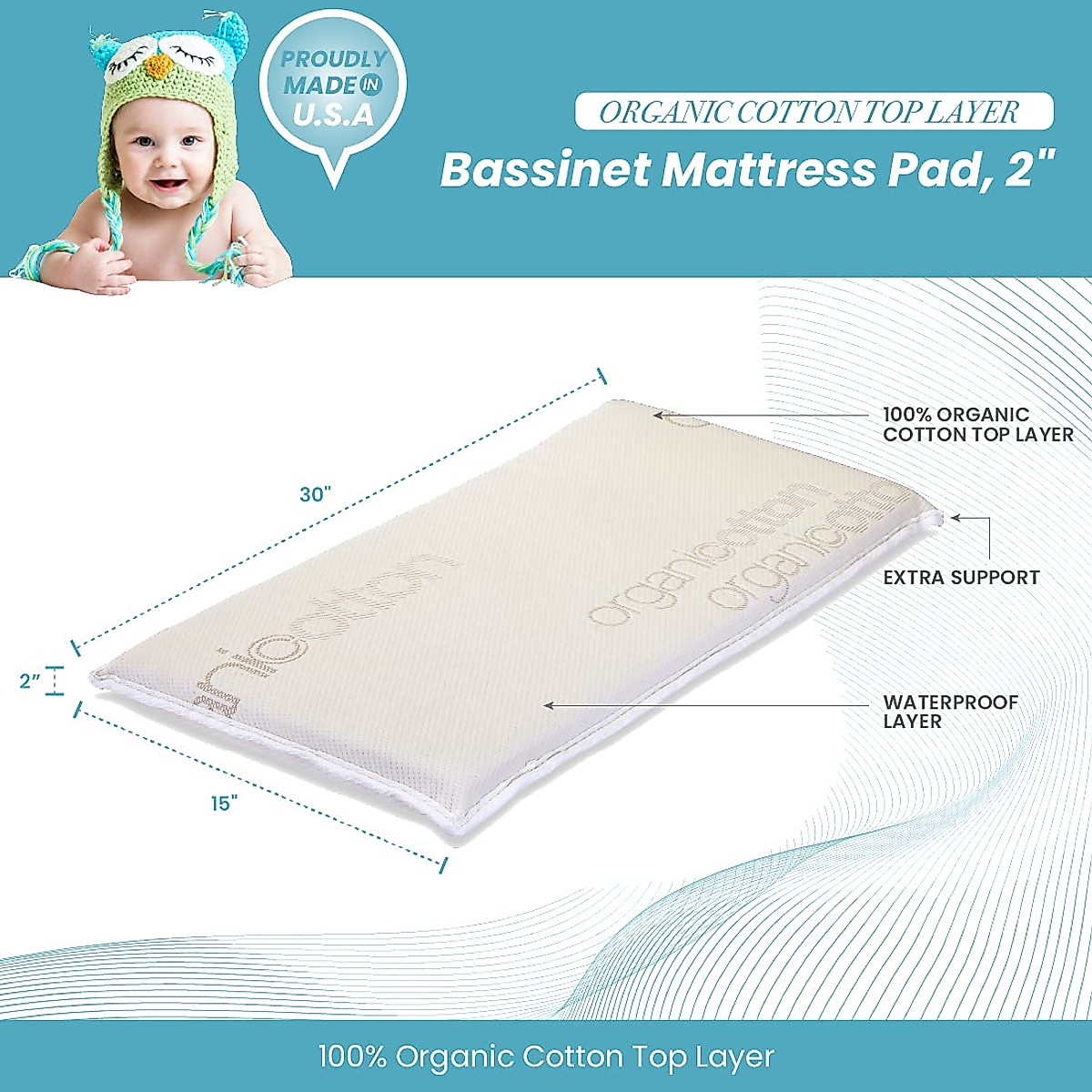 LA Baby Rectangular Bassinet Mattress Pad, 2" with 100% Organic Cotton Top Layer on Waterproof Cover - Made in USA