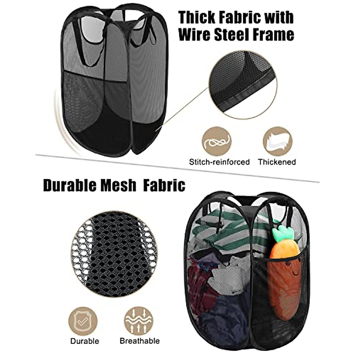 HOUSE AGAIN Mesh Popup Laundry Hamper, [Reinforced] Collapsible Laundry Basket, Foldable Pop Up Hamper with Durable Handles, Easy to Open and Fold for Dorm, Laundry Room, Bedroom, RV, (Black)
