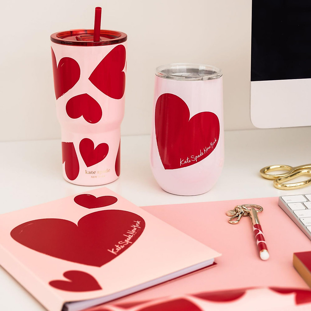 kate spade new york 20 Ounce Insulated Tumbler for Cold and Hot Drinks with Reusable Straw, Stainless Steel Travel Cup with Slide Top Lid (Sweet Hearts)