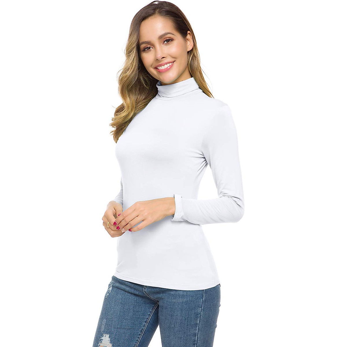 Women's White Long Sleeve Basic Layer Turtleneck Top Lightweight Slim Fit Soft T-Shirt Small