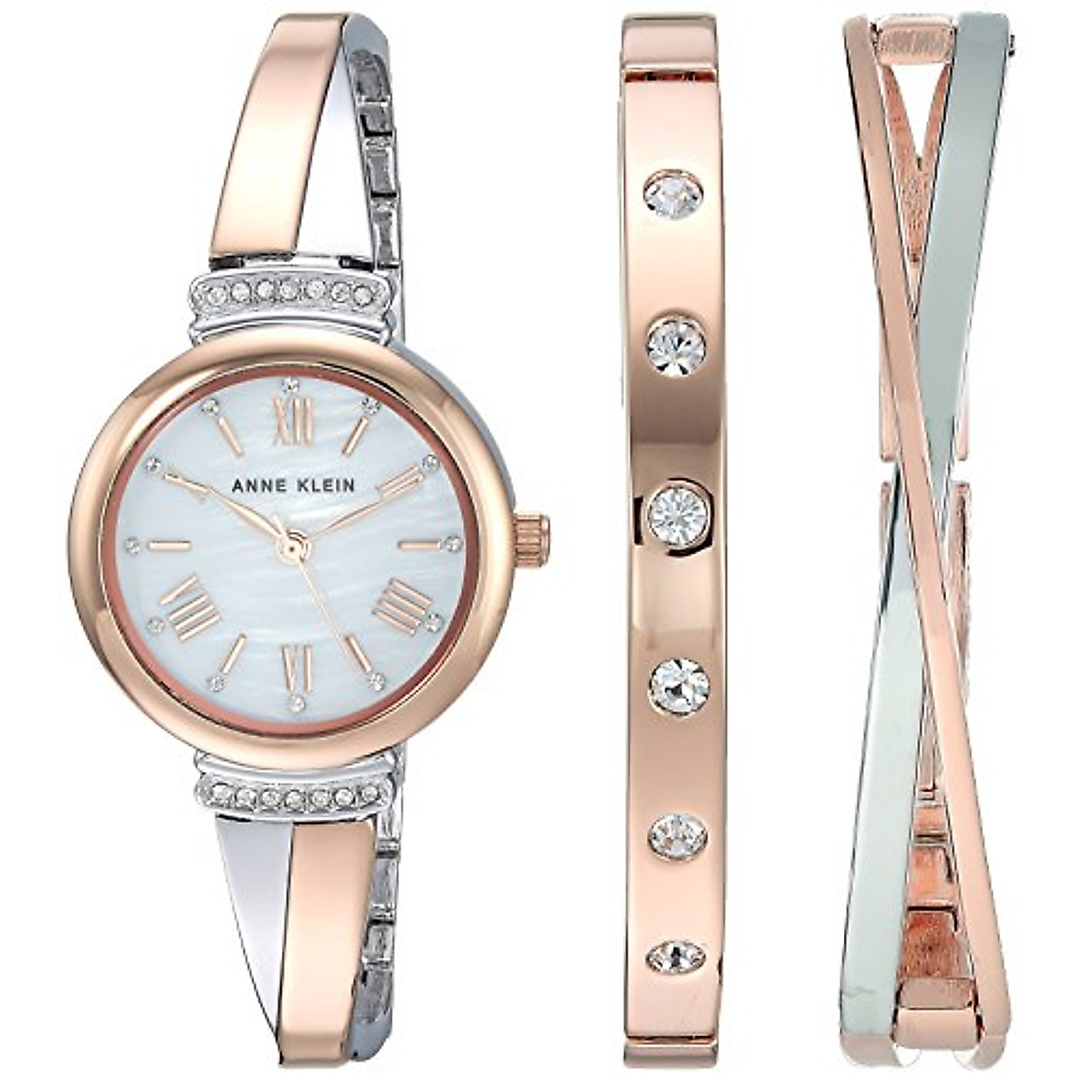 Anne Klein Women's AK/2245RTST Premium Crystal Accented Rose Gold-Tone and Silver-Tone Bangle Watch and Bracelet Set