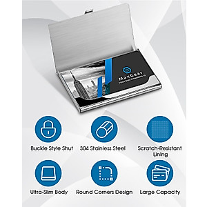 MaxGear Metal Business Card Holder for Men & Women, Professional Stainless Steel Card Case for Business Cards, Slim Purse Name Cards Holders with Interior Lining, Buckle Style Shut, Silver Mirror
