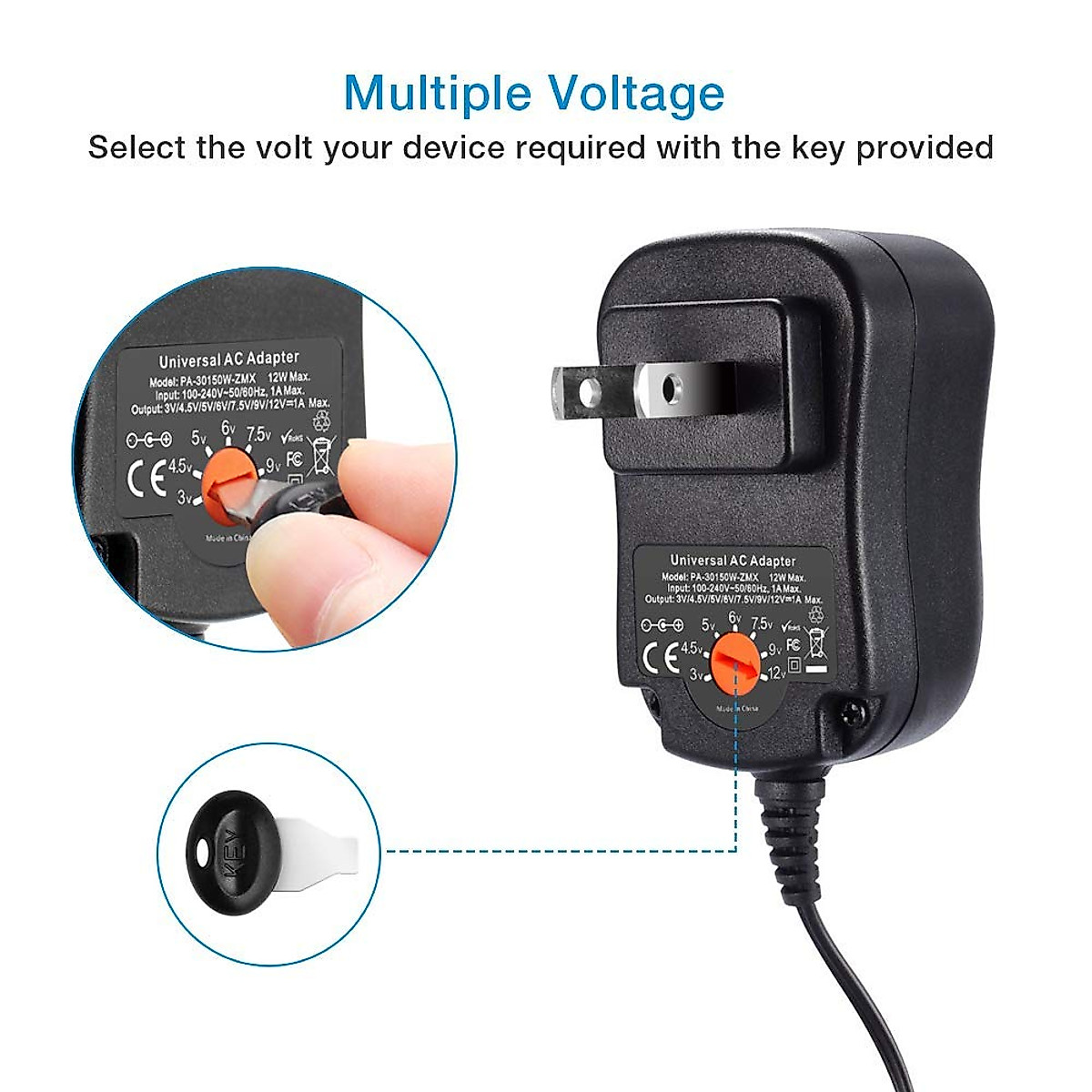 ZOZO 12W 12 Volt 1 Amp 3V 4.5V 5V 6V 7.5V 9V 12V Power Supply, Universal AC Adapter with 5.5mm x 2.1mm Barrel Plug and 8 Selectable Tips Micro USB 3.5mm Jack for MP3 MP4 Player Headphone Speaker Watch