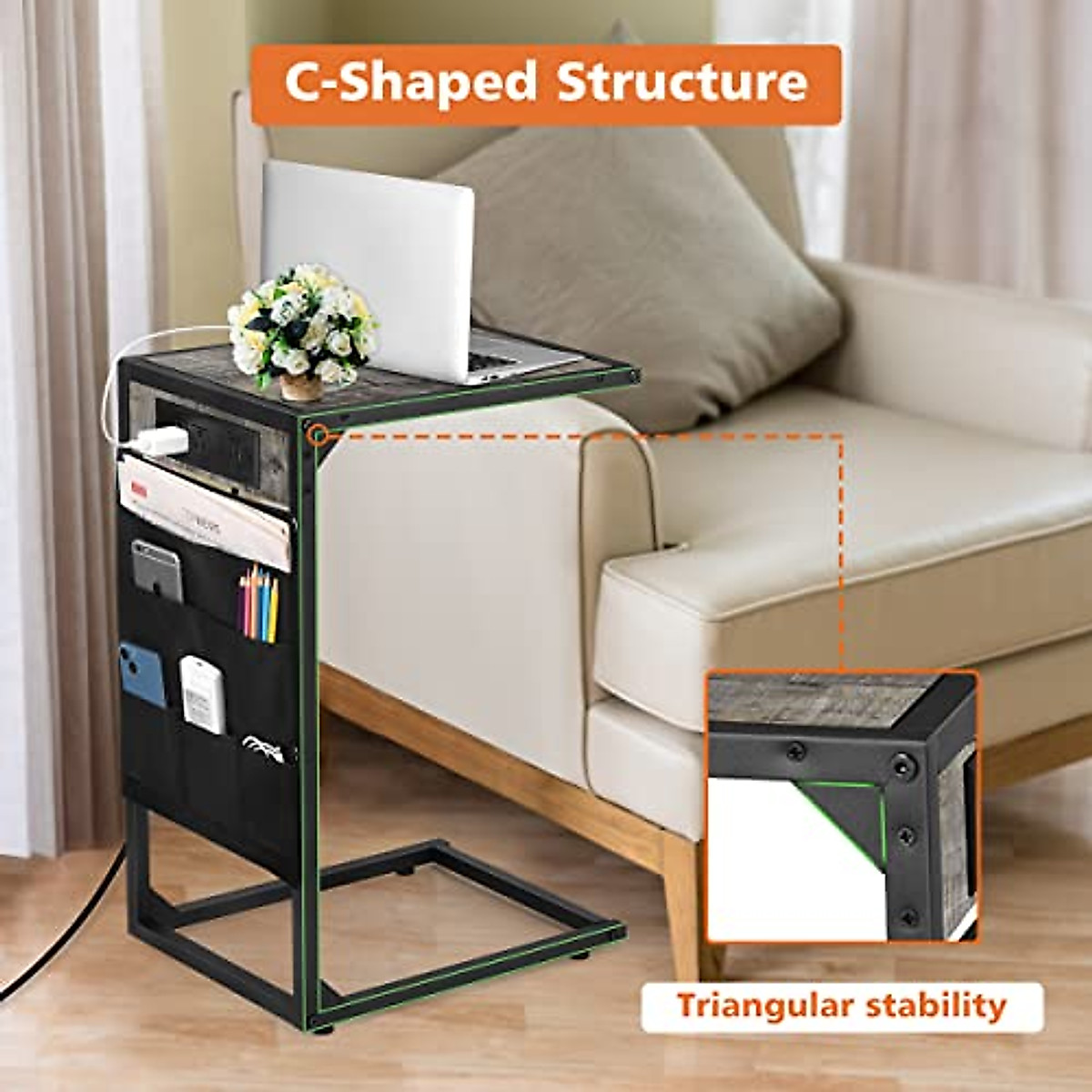 Set of 2 C Shaped End Table with Charging Station, Snack Side Table, C Tables for Couch, Couch Tables That Slide Under, for Living Room, Bedroom, Gray