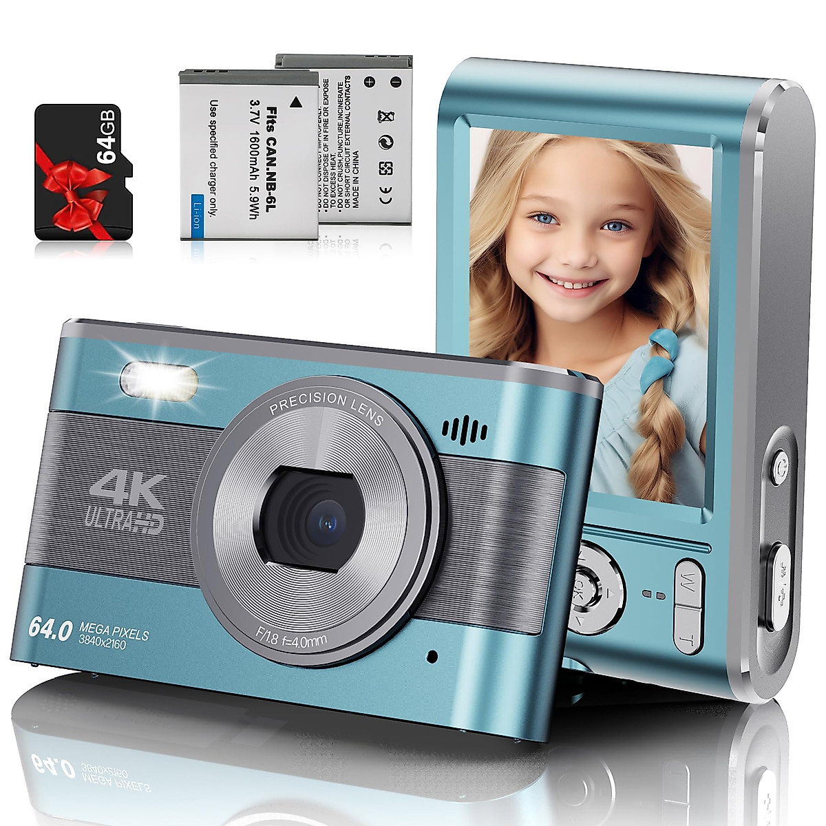 4K Digital Camera,Kids Camera with 64GB SD Card,Autofocus 64MP Point and Shoot Digital Cameras with 18X Digital Zoom,Two Batteries,Compact Small Camera for Kids Boys Girls