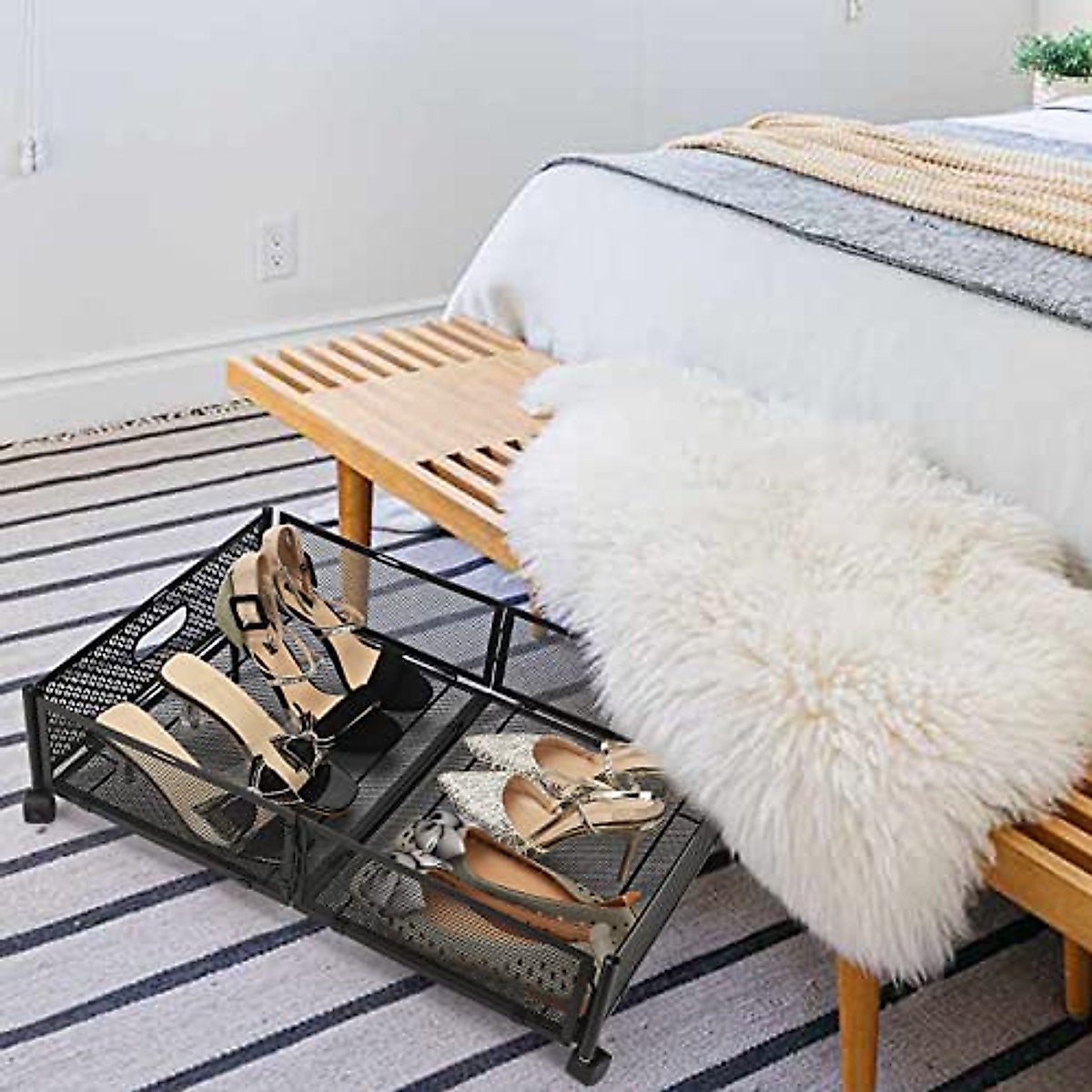 Under Bed Storage Containers with Wheels,2 Pack Black Underbed Storage Shoes Organizer Containers,Upgraded Wheels with Large Capacity Metal Underbed,Storage Containers for Bedroom Clothing Shoes