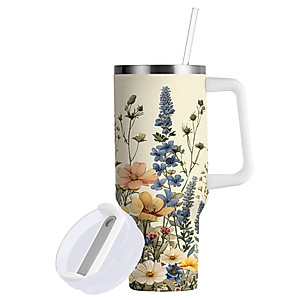 xigua 40 oz Botanical Wildflower Tumbler with Handle and Straw Lid, Stainless Steel Vacuum Insulated Sports Water Bottle, Keeps Cold or Hot Coffee Cup Travel Mug