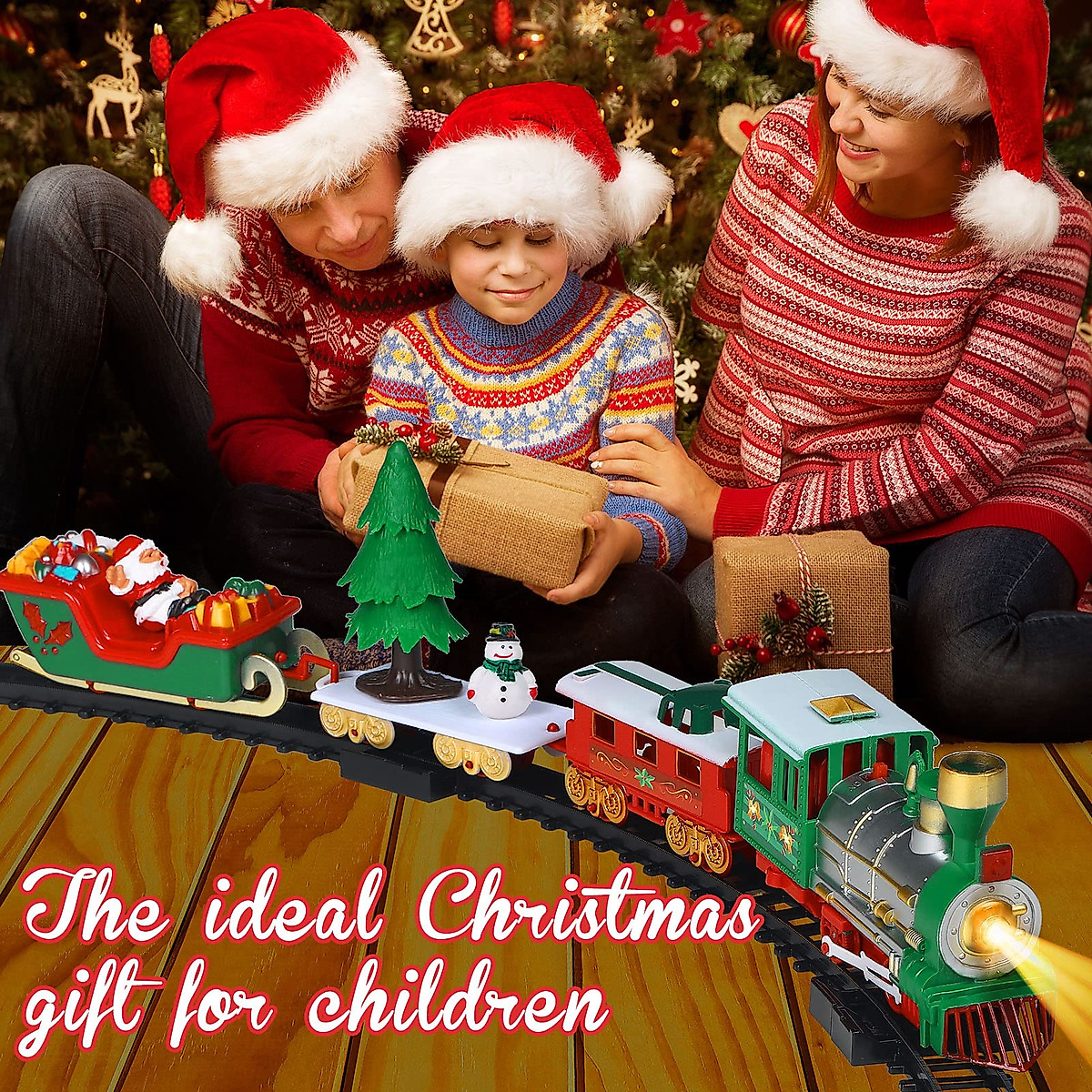 Christmas Electric Train Set Around The Christmas Tree, Train Toy Set with Track Locomotive Santa Claus Snowman Xmas Tree Music and Lights Christmas New Year Gifts for Boys Girls (Cute Style)