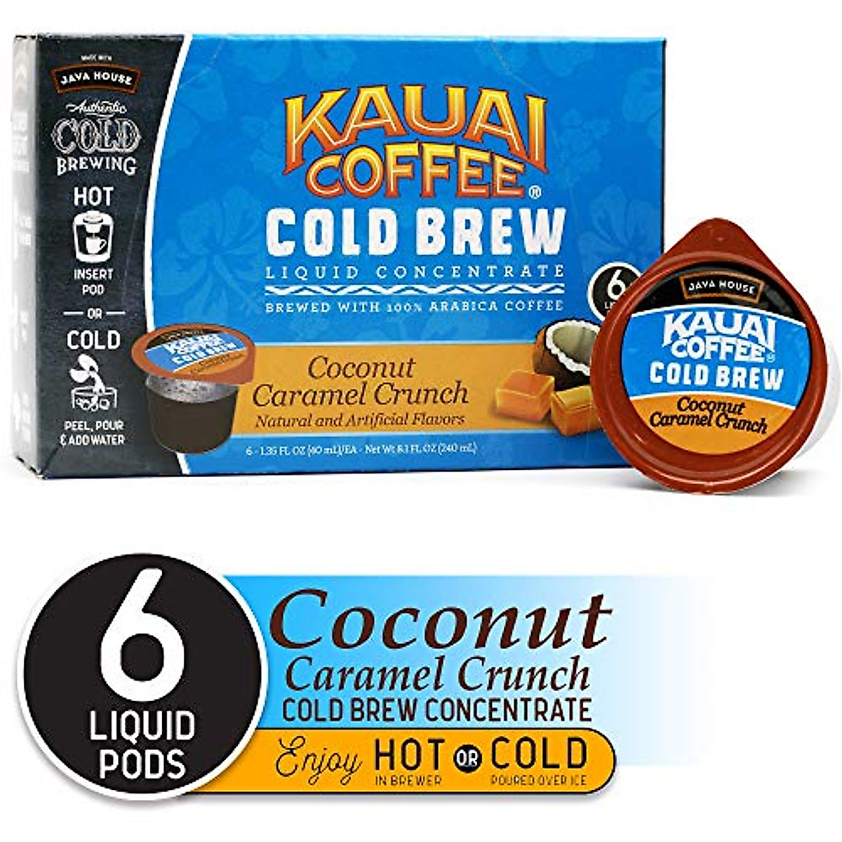 Java House Cold Brew Coffee Concentrate Liquid Pods 1.35 Fluid Ounces Kauai Coconut Caramel Crunch, 8.1 Fl Oz