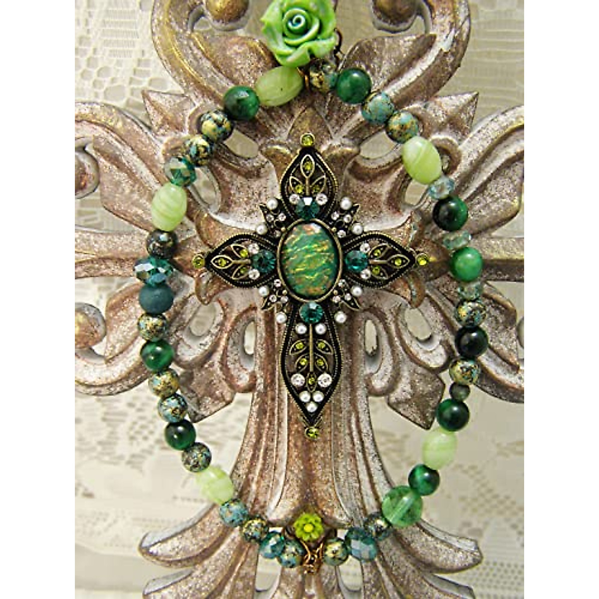 Upscaled Green ROSE Beaded WALL CROSS Decor, Wood Hand Beaded Cross, Office home church cross, upscaled religious art, Christian gift