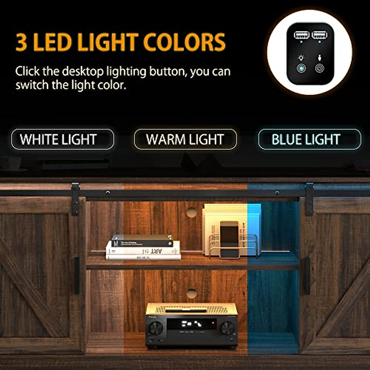 Kasibie Farmhouse 65" TV Stand, Modern LED TV Stand Brown, Entertainment Center with Storage Cabinet, Sliding Barn Door Media Cabinet (Brown)