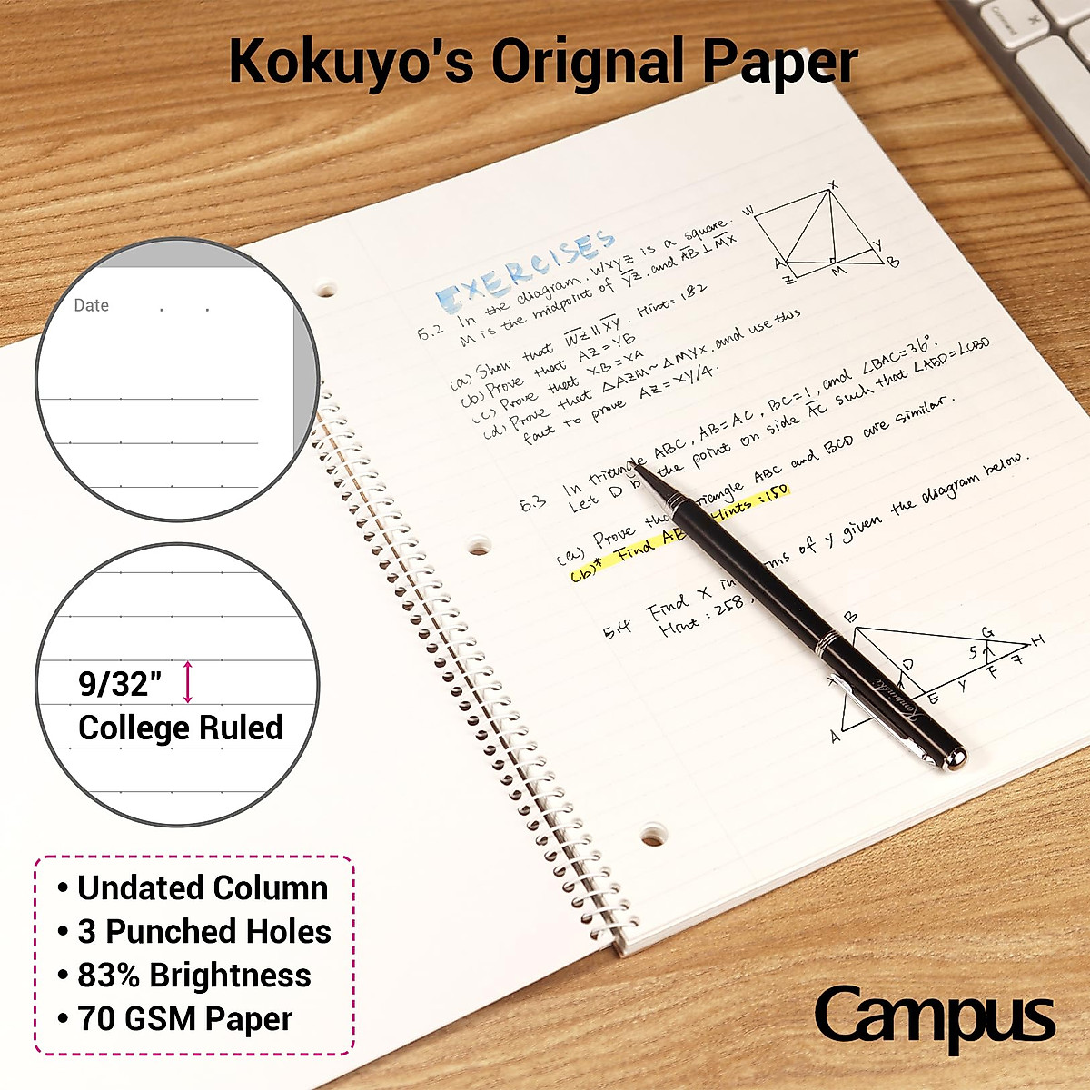 KOKUYO Spiral Notebook, 3 Pack Campus 10-1/2" x 8" Subject Notebooks with College Ruled, 80 Sheets, Pink Blue Green 3 Holes School Spiral Journal for Work Study Note Taking (WSG-SU-400G1×3)