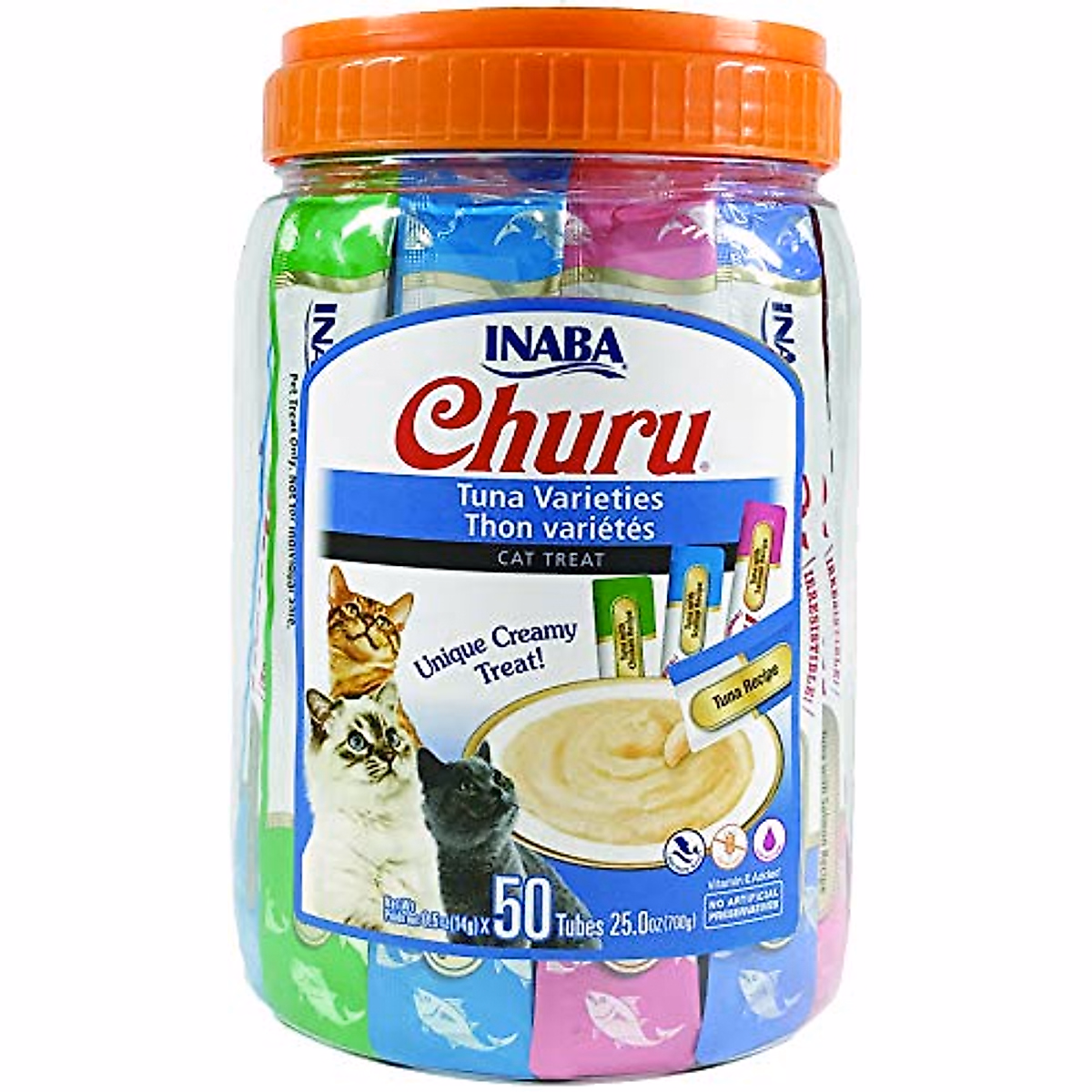 INABA Churu Cat Treats, Grain-Free, Lickable, Squeezable Creamy Purée Cat Treat/Topper with Vitamin E & Taurine, 0.5 Ounces Each Tube, 50 Tubes, Tuna Variety
