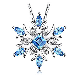 JewelryPalace Snowflake Flower Genuine Swiss Blue Topaz Necklace for Women, 14k Gold Plated 925 Sterling Silver Necklaces for Women, Gemstones Birthstone Statement Pendant Necklace, 18 Inch Box chain