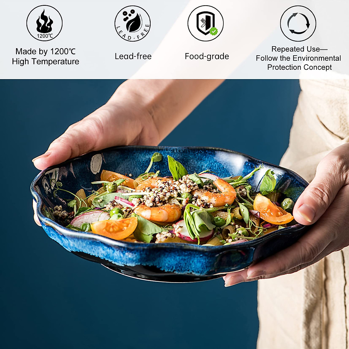 Ceramic Bowls Set for Pasta, Salad, Cereal, Dessert - 8 Inch Wide and Shallow Soup Plates, Serving Dishes Set of 4 Microwave, Dishwasher Safe, Blue