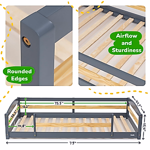 Twin Size Floor Bed with Safety Guardrails for Kids, Montessori Floor Bed with 2 Openings, Twin Bed Frame for Girls and Boys (Gray)