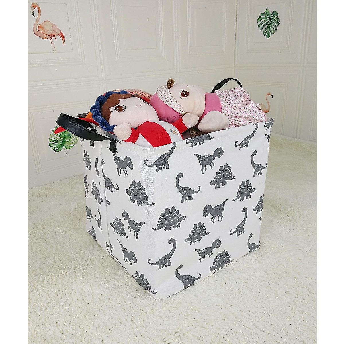 HUAYEE Squrage Storage Bin Canvas Fabric Storage Basket, Waterproof Coating Toy Organizer with Handles, Gift Basket for Home, Office, Clothes, Toy, Shelf Basket (Square Gray Dinosaur)