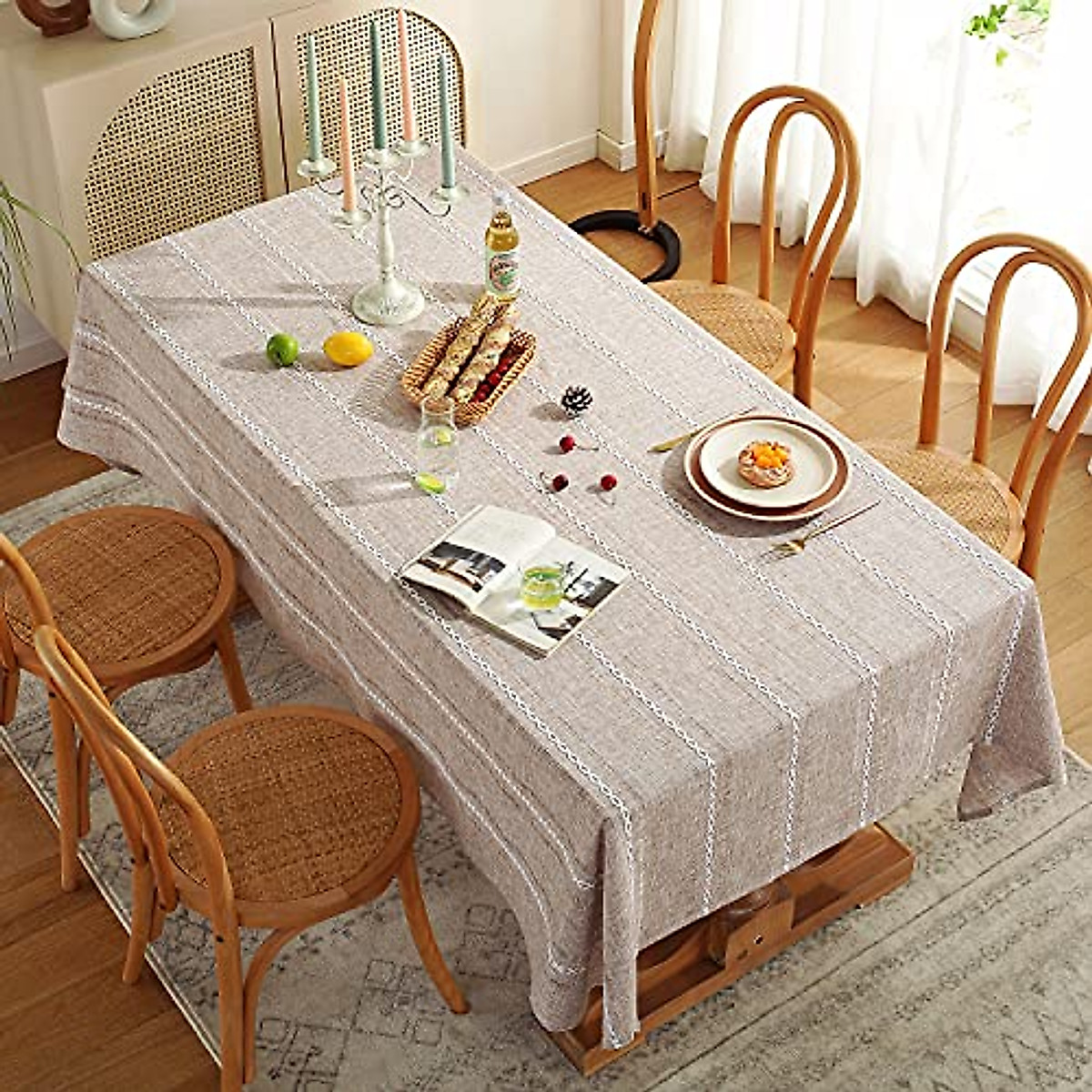 Chassic Rustic Farmhouse Style Hemstitched Embroidered Linen Tablecloth, Wrinkle Resistant Washable Dining Room tablecloths for Rectangle Tables, 60 x 84 inches - Light Coffee