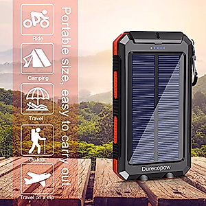Durecopow Solar Charger, 20000mAh Portable Outdoor Waterproof Solar Power Bank, Camping External Backup Battery Pack Dual 5V USB Ports Output, 2 Led Light Flashlight with Compass (Red)