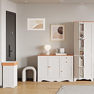 Function Home Trash Can Cabinet, 23 Gallon Kitchen Garbage Can, Wooden Recycling Trash Bin, Freestanding Dog Proof Trash Can, Farmhouse Trash Cabinet with Lid for Home Kitchen Bathroom, White