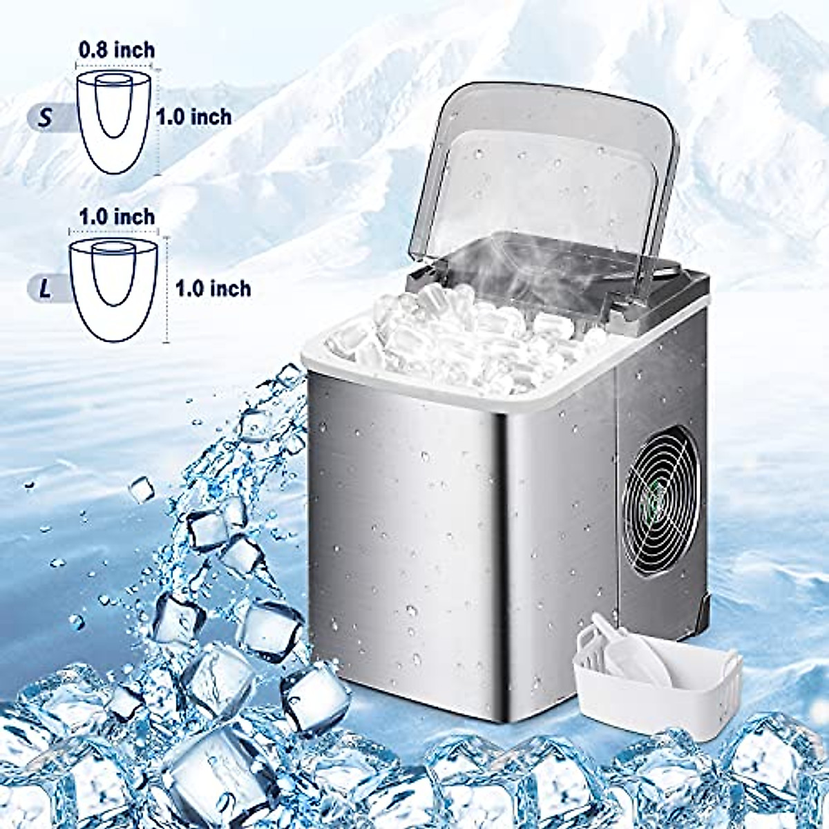 WATOOR Portable Ice Maker Machine for Countertop, 26 lbs Bullet Ice Cube in 24H, 9 Ice Cubes Ready in 6-9 Minutes,2.2L Ice Maker Machine with Ice Scoop and Basket Silver