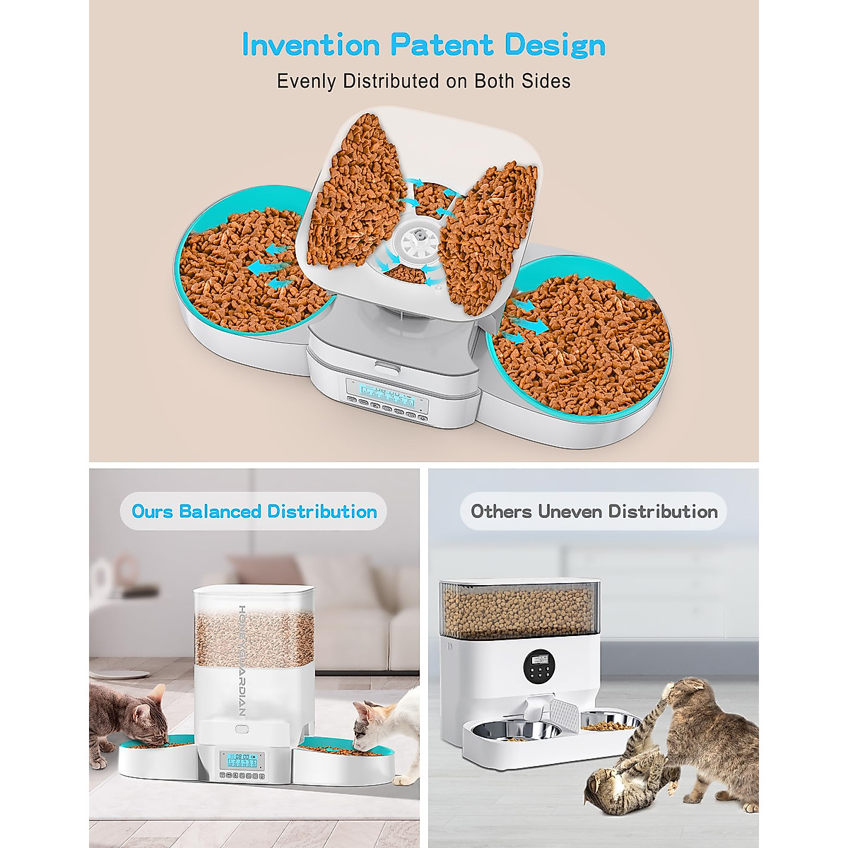 HoneyGuaridan Automatic Cat Feeder for Two Cats,3.5L Cat Food Dispenser with Slow Feeder Bowl,Timed Cat Feeder Programmable 1-6 Meals Control, Dual Power Supply,10s Meal Call White