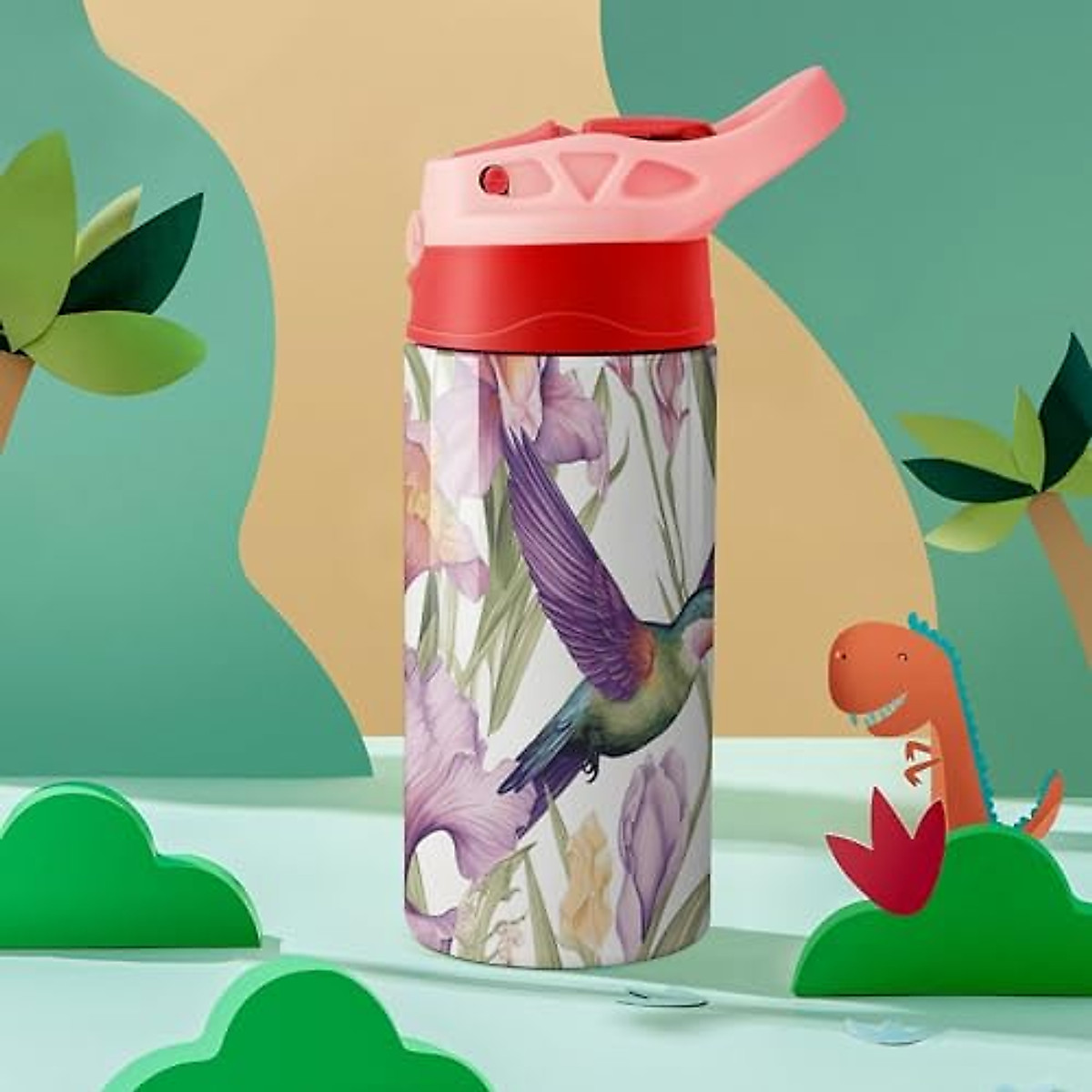 Stainless Steel Water Bottles Hummingbirds Irises Flowers Travel Water Cups with Handle And Silicone Straw Drinking Cup with Leak Proof Lid Thermo Travel Mug for Women Men