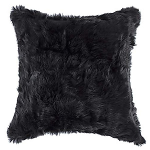 Natural Fur Throw Pillow Cover with Soft Poly Insert | Handcrafted Fluffy Decorative Pillow with Real Rabbit Fur, Black, 18 in x 18 in