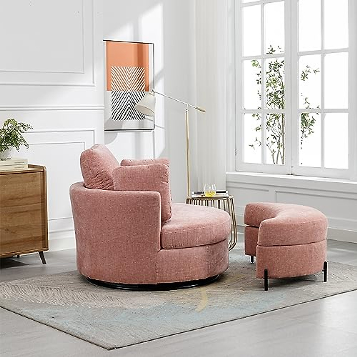 360° Swivel Accent Barrel Chair and Half Crescent Moon Storage Bench Large Ottoman with 4 Pillows,Upholstered Oversized Leisure Round Loveseat Recliner Sofa Chaise Lounge Circle Armchair for Club