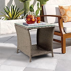 PHIKOOVA Outdoor Wicker Side Table Patio Coffee Table Wicker Bistro End Table Outdoor Square Tempered Glass Top End Table All Weather Metal Rattan Furniture Table with Storage,Light Brown
